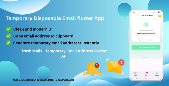 Temporary Disposable Email Address Flutter app, Trash Mails API by maxedmobileapps