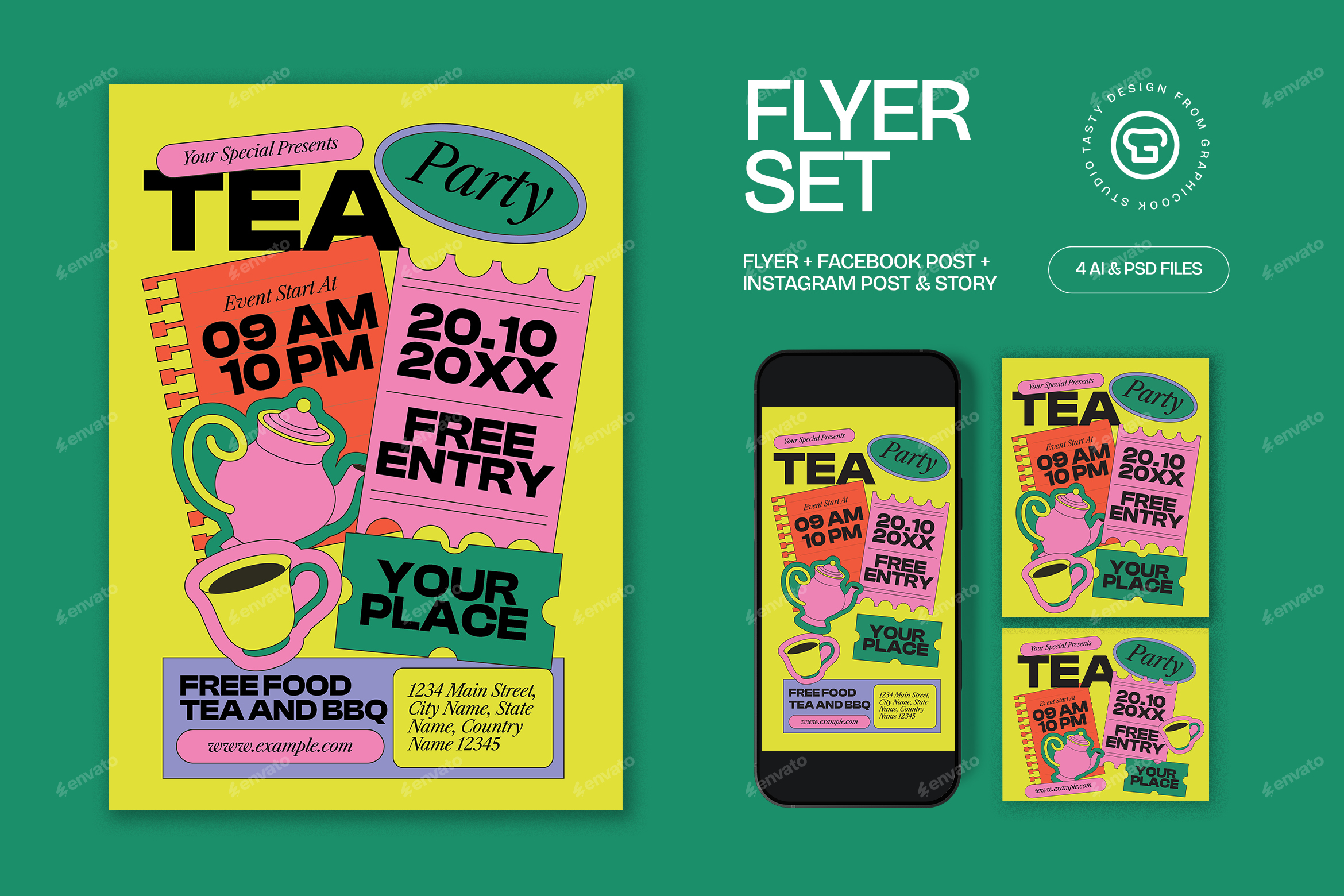 Yellow Tea Party Quirky Illustration Flyer Set, Print Templates ...