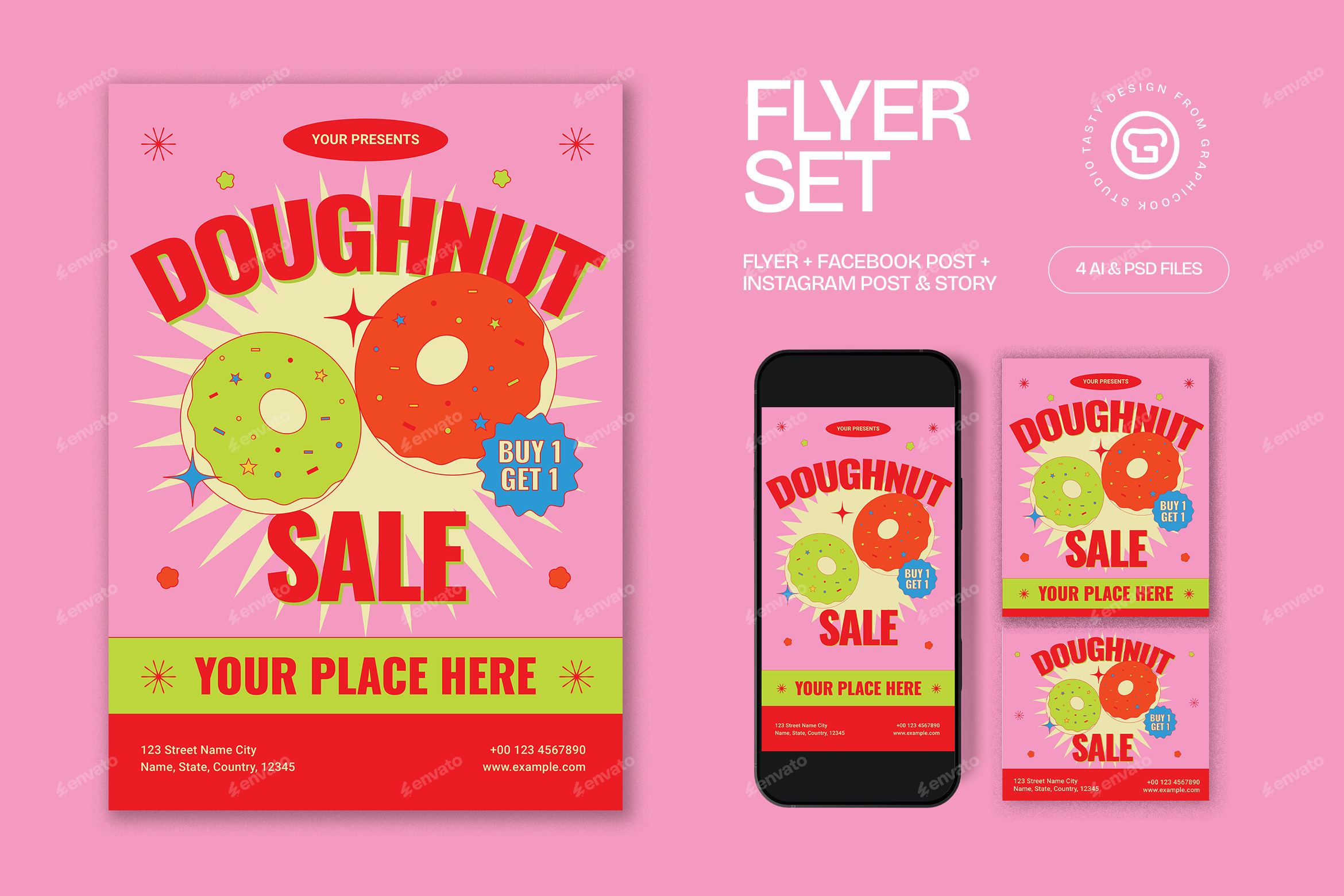 Pink Quirky Illustration Doughnut Sale Flyer Set, Print Templates ...