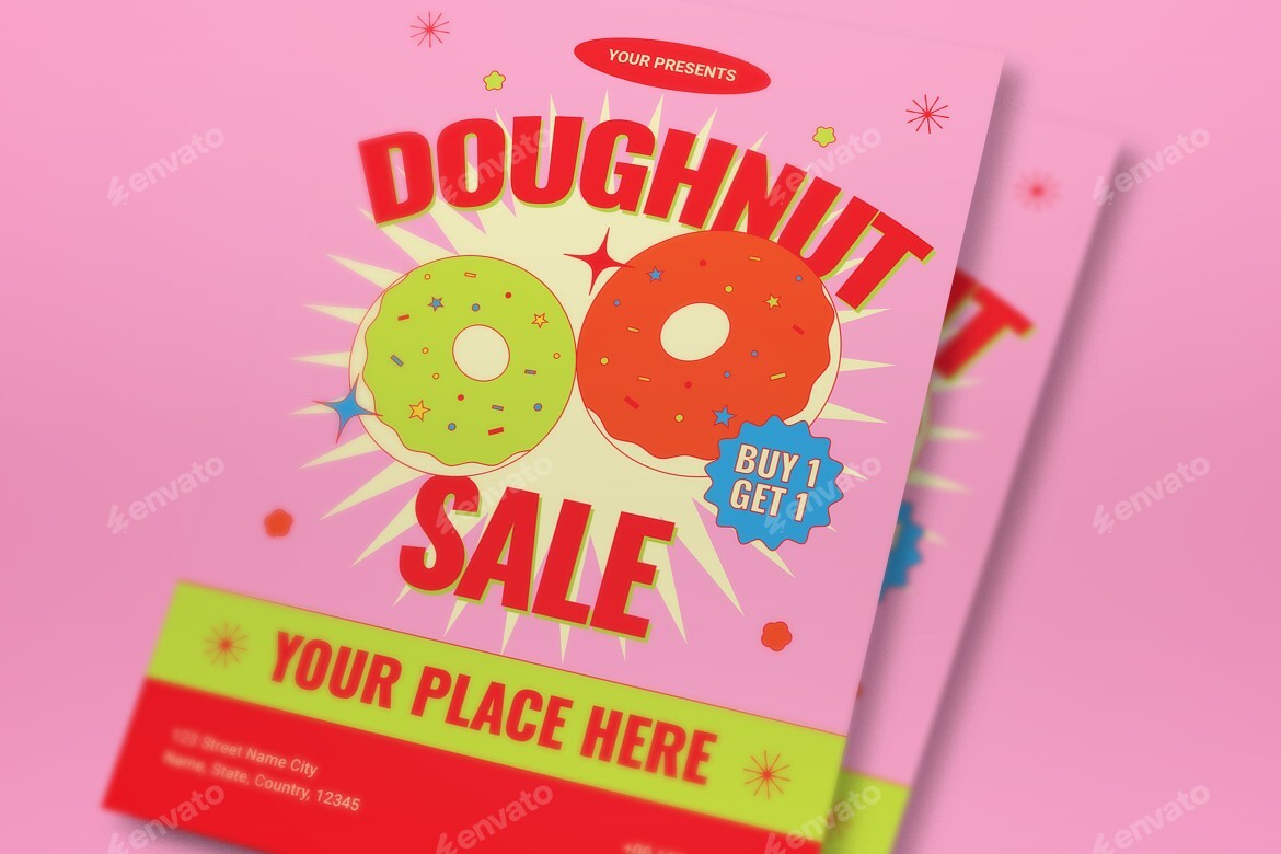 Pink Quirky Illustration Doughnut Sale Flyer Set, Print Templates ...