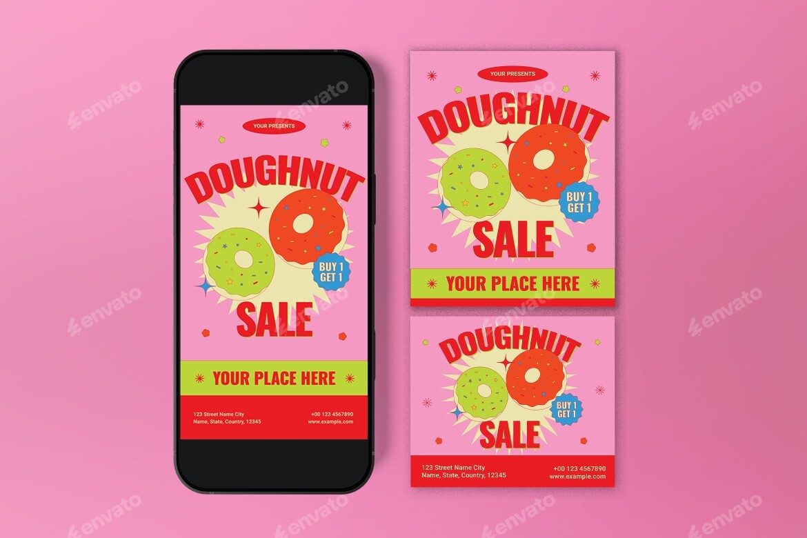 Pink Quirky Illustration Doughnut Sale Flyer Set, Print Templates ...