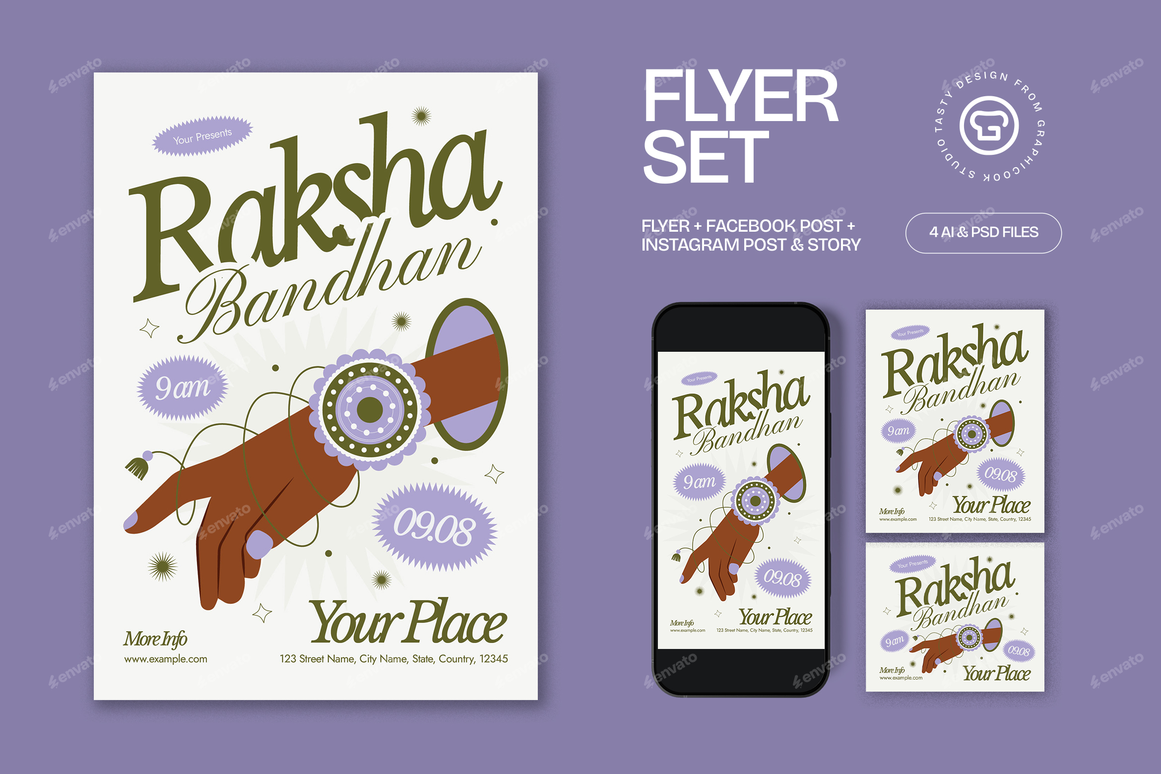 White Purple Quirky Raksha Bandhan Flyer Set, Print Templates ...