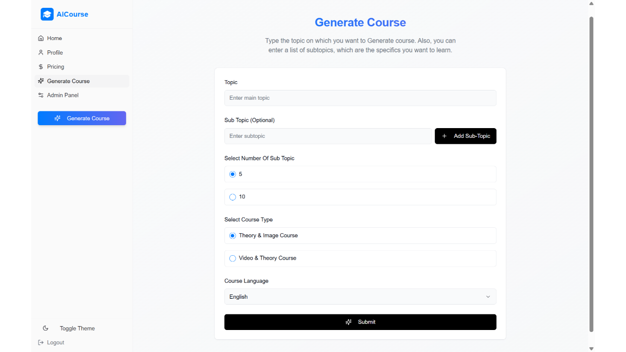 Ai Course Generator Text To Course Saas Ai Quiz Ai Chat Translation Earn Desktop App React