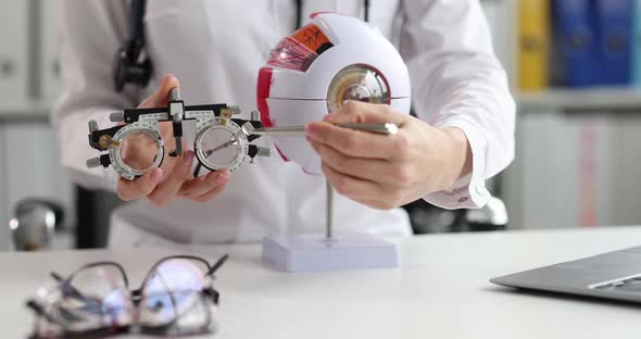 The Ophthalmologist Shows the Anatomical Model of the Eye, Stock Footage
