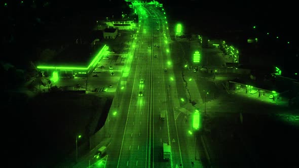 Night Vision From Drone on Highway at Night, Traffic Control, Stock Footage