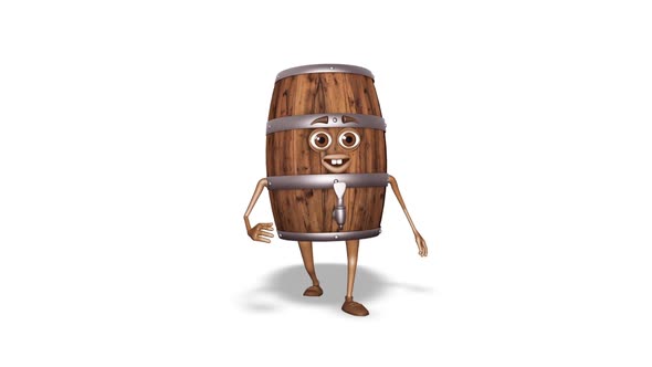 Cartoon Wooden Barrel Dancing Loop On White Background, Motion Graphics