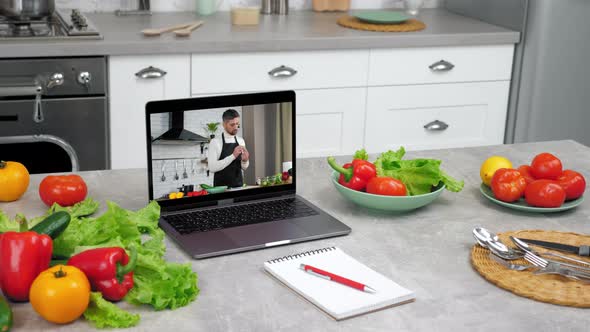 Laptop Computer with Man Food Blogger Shows Slice Cucumber Tells ...