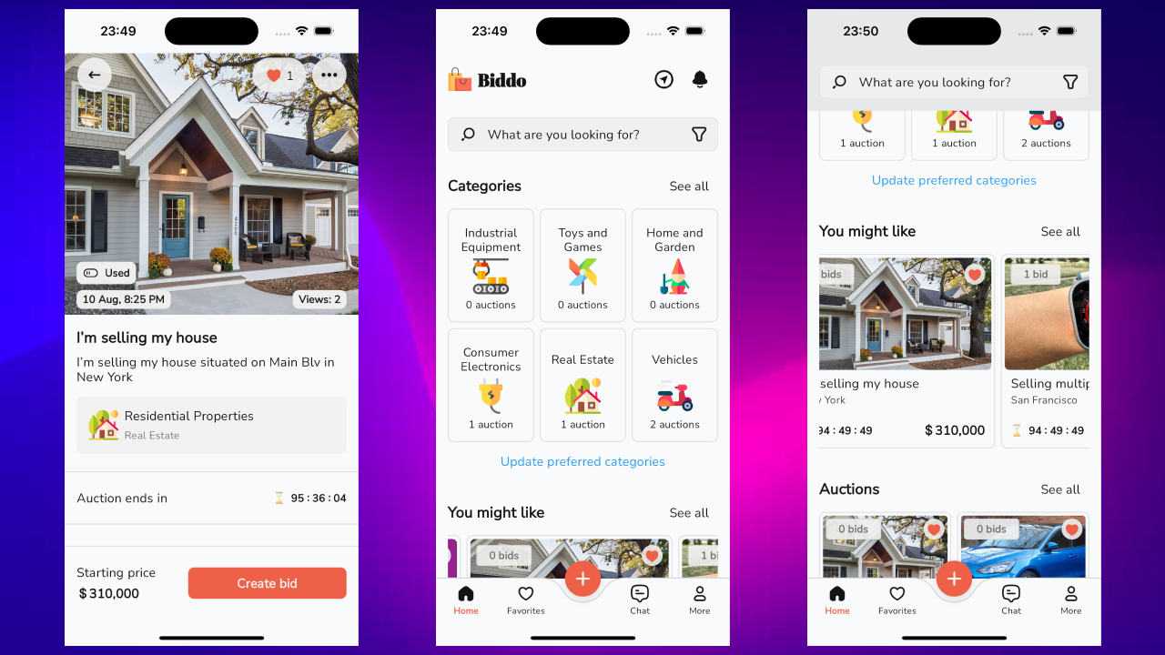 Biddo - Full Flutter auction app, NextJS web app, NodeJS server (with chat) by pascaionut941