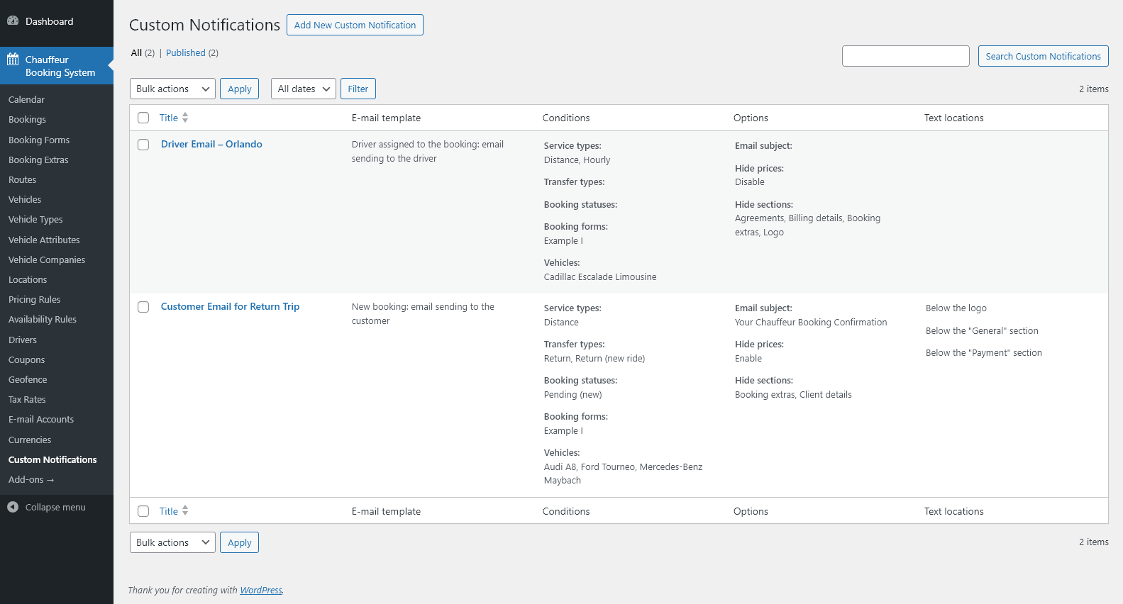 Custom Notifications Add-on: Chauffeur Taxi Booking System by QuanticaLabs