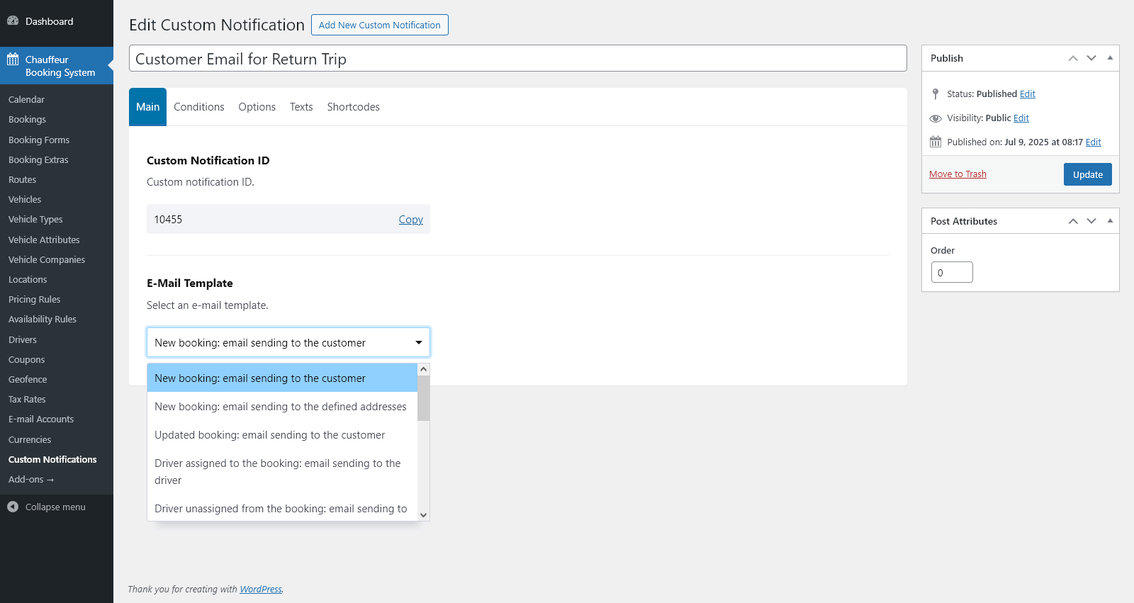 Custom Notifications Add-on: Chauffeur Taxi Booking System by QuanticaLabs