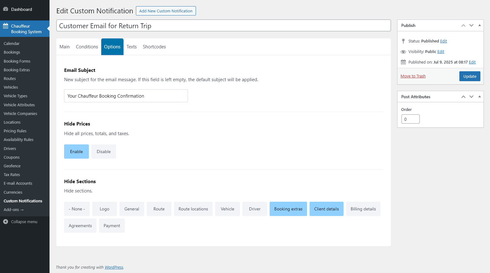 Custom Notifications Add-on: Chauffeur Taxi Booking System by QuanticaLabs