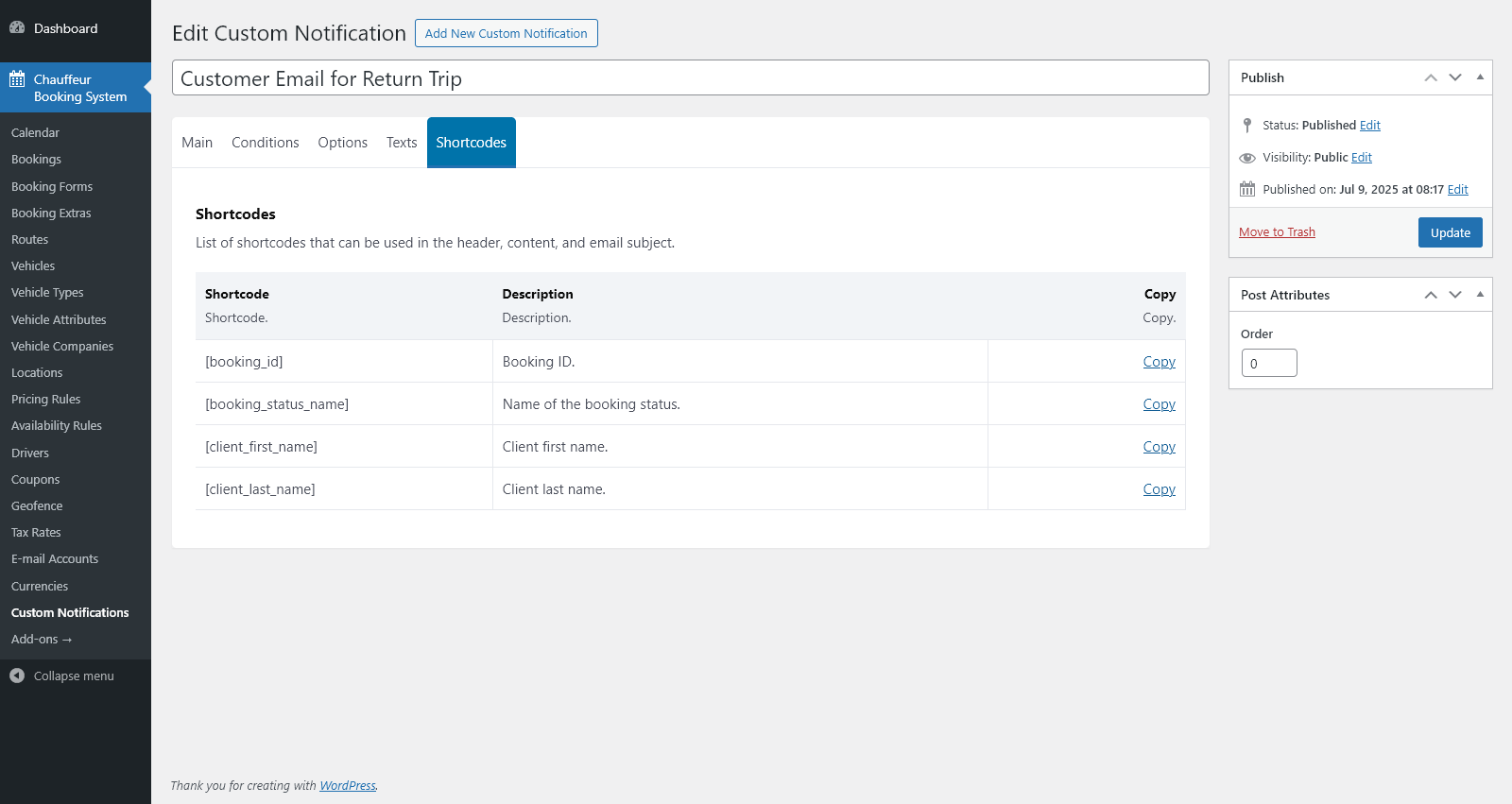 Custom Notifications Add-on: Chauffeur Taxi Booking System by QuanticaLabs