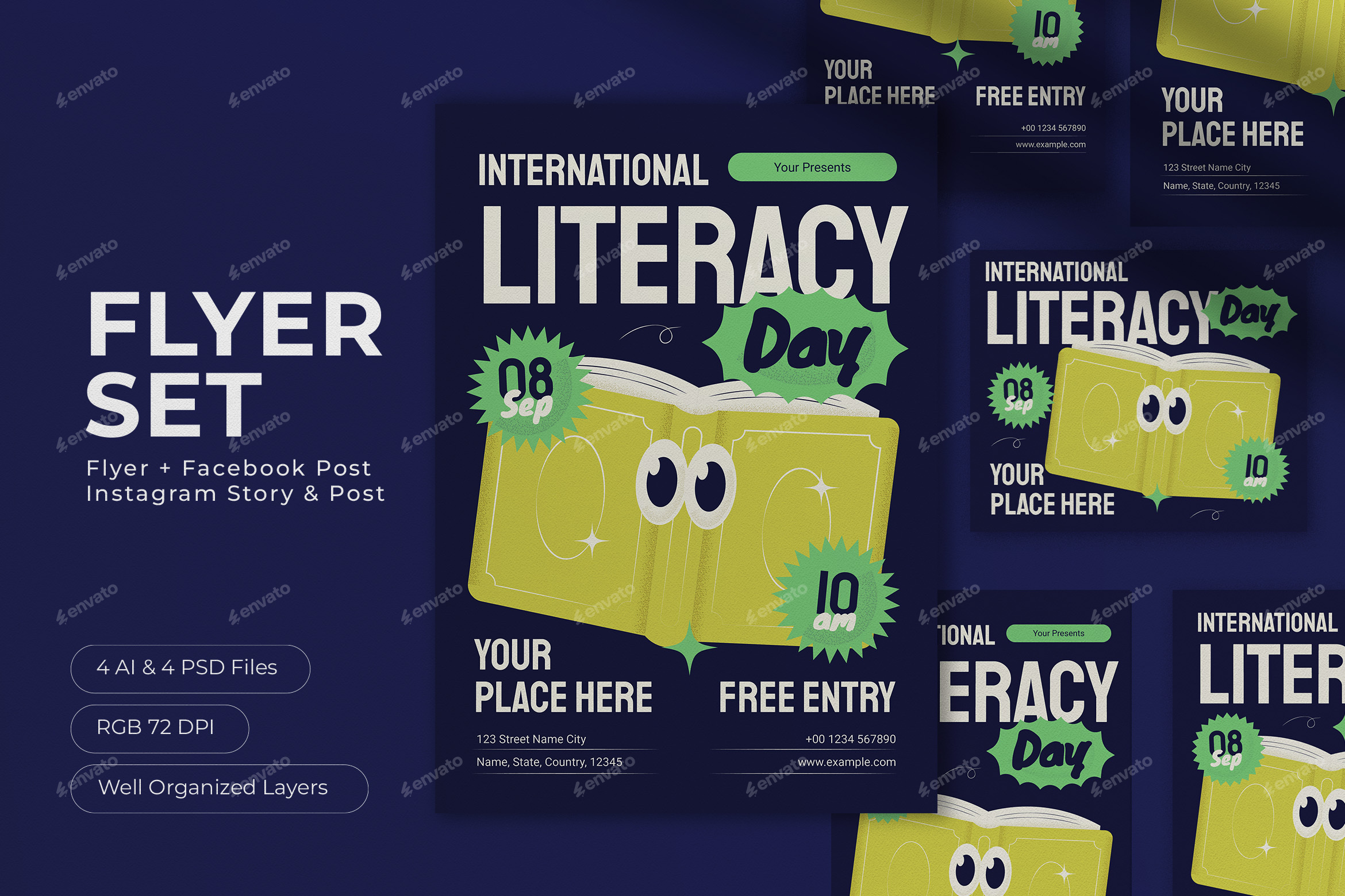 Blue Quirky International Literacy Day Flyer Set, Print Templates ...
