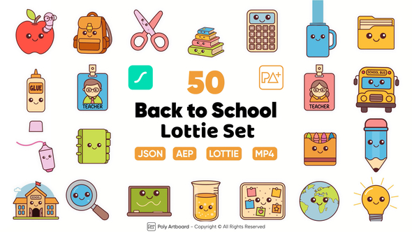 Back to School Lottie Icon Set, After Effects Project Files | VideoHive