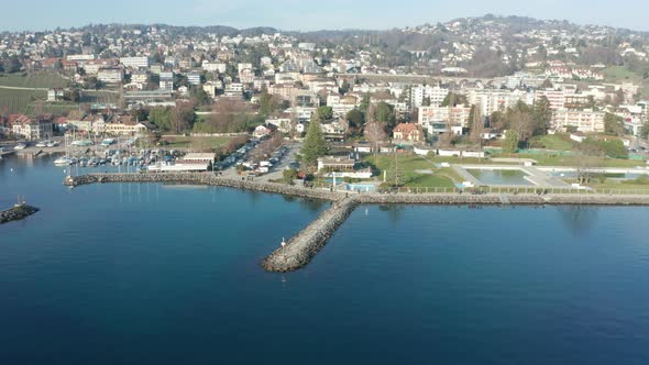 Aerial of skyline of the Swiss city of Pully at lake Geneva, Stock Footage