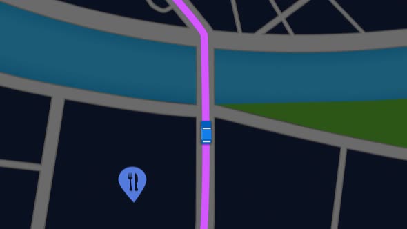Animation of GPS navigation map. The car following a route along the ...