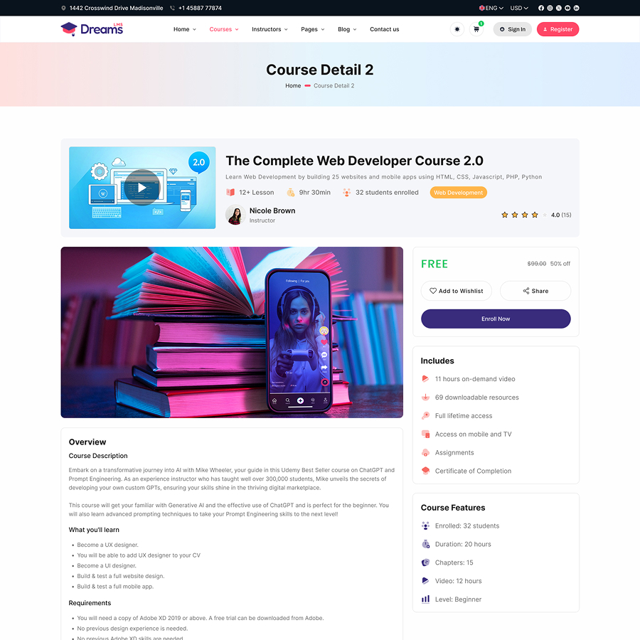 Dreams LMS - Learning Management System & Online Courses WordPress Theme by dreamstechnologies