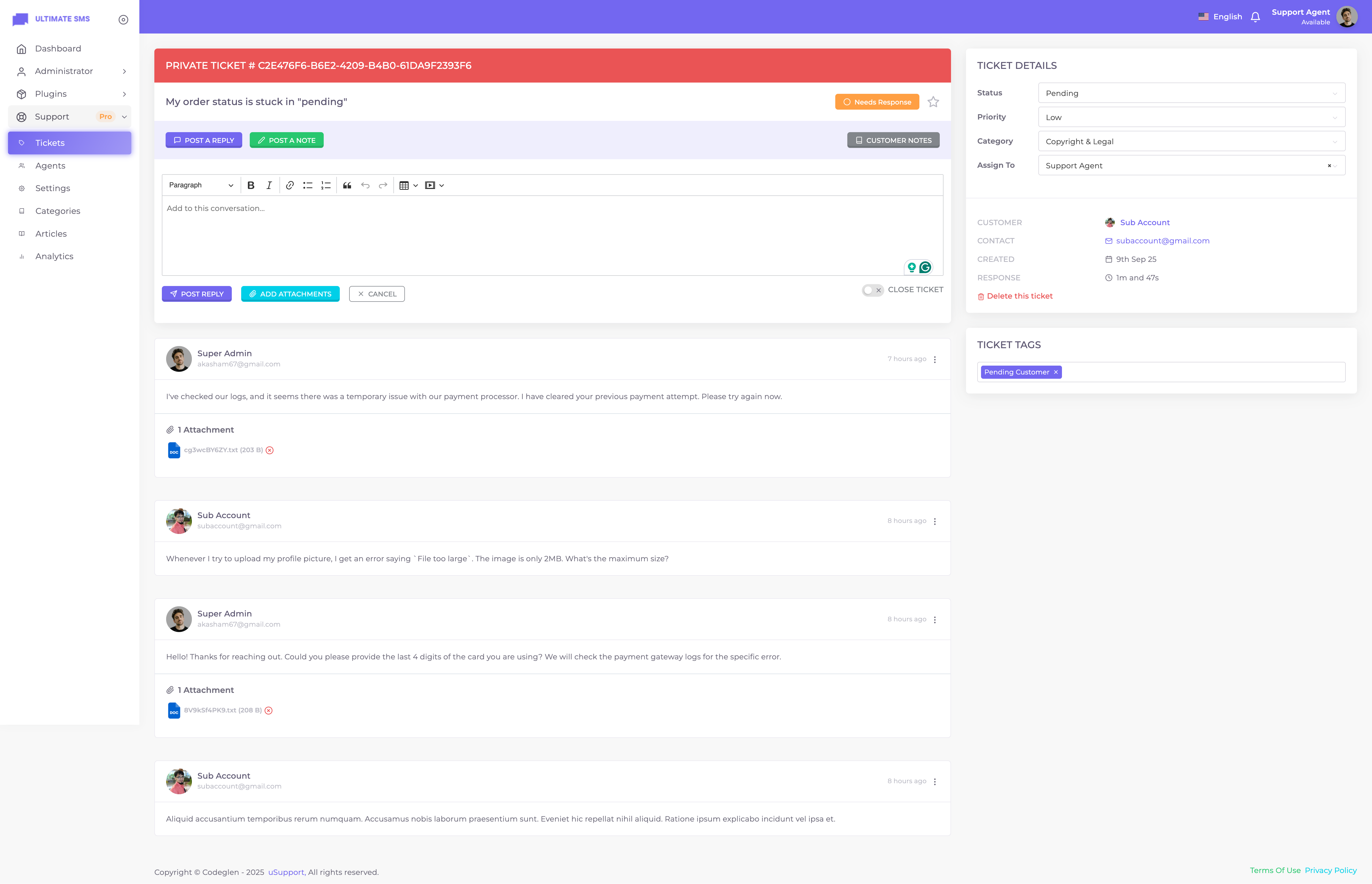 uSupport - Support Ticket Plugin for Ultimate SMS by codeglen | CodeCanyon