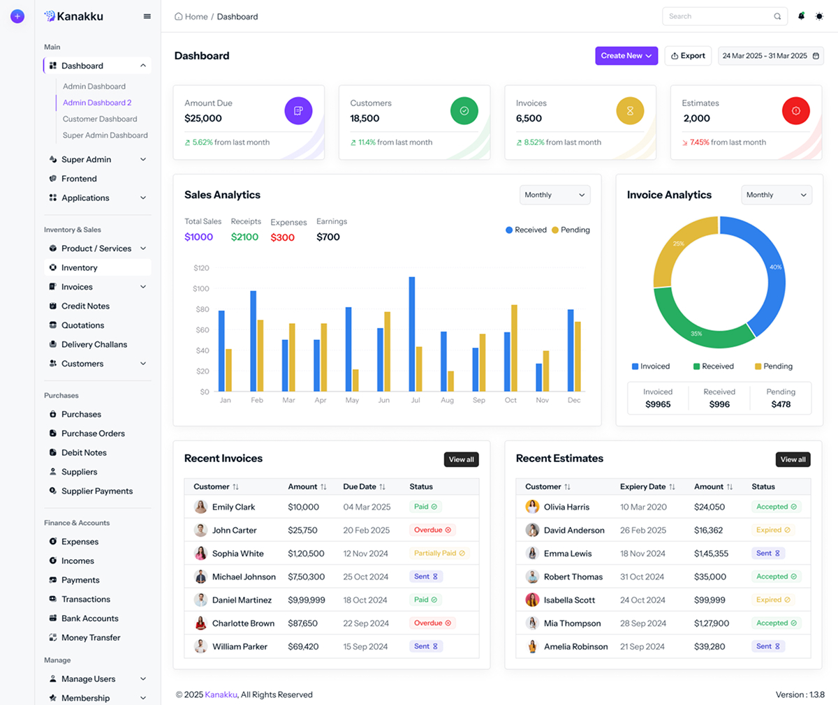Kanakku - Finance, Accounting & Invoice Dashboard Template (React, Angular, Laravel, HTML) by ...