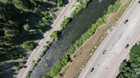 Aerial view of the Provo River as traffic moves on the highway, Stock ...