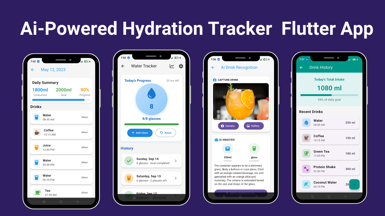 AI-Powered Hydration Tracker Flutter App UI | Water Intake | Water ...