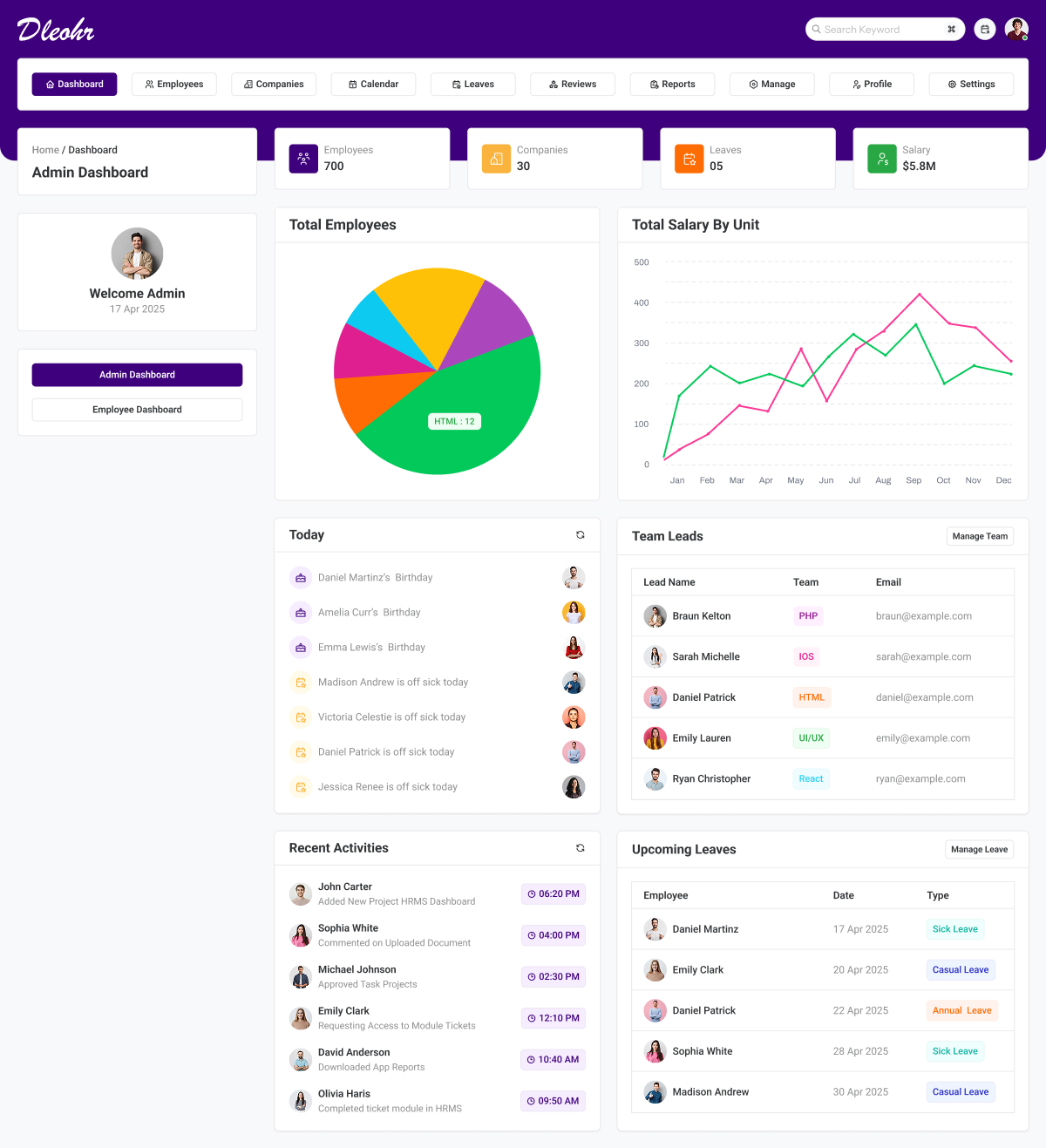 DleoHR - Employee HR, Payroll & Leave Tracking Admin Template (HTML, Laravel, React, Vue) by ...