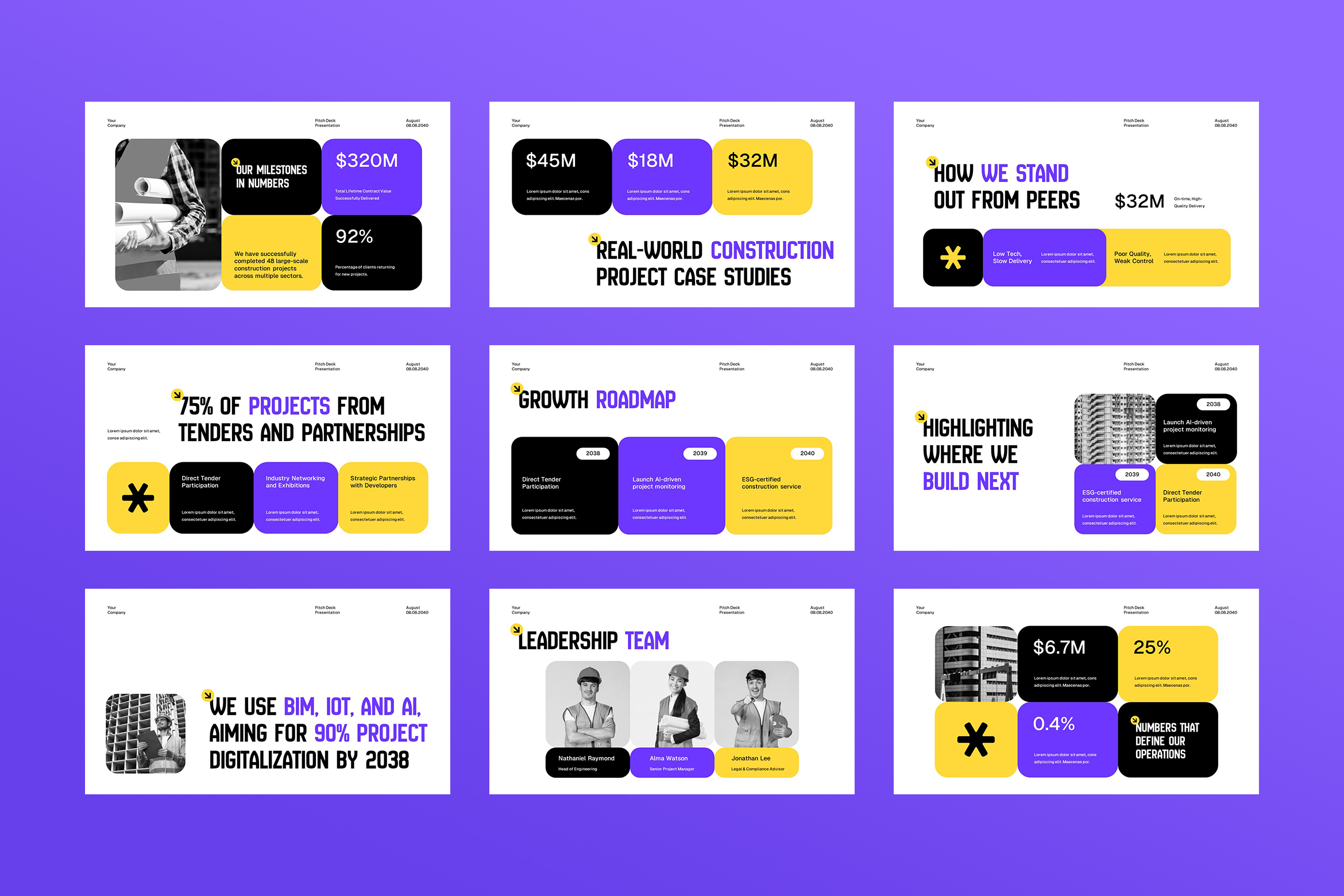 White Purple Yellow Construction Pitch Deck Google Slides Presentation ...