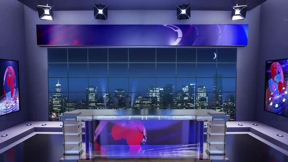 3D Virtual News Studio. Announcer Table With Night City Background And ...