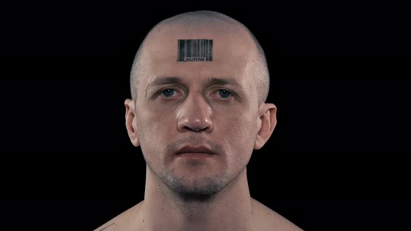 Close-up Man Who Has a Barcode on His Forehead with a Inscription Human ...