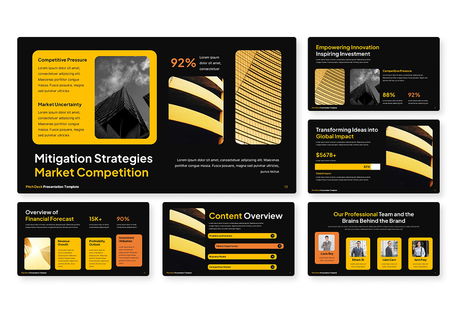 Black and Yellow Pitch Deck PowerPoint Template, Presentation Templates