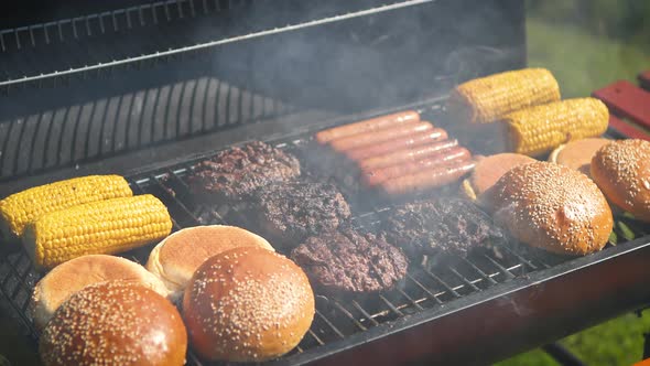 Mixed American Barbecue Food on Hot Grill, Stock Footage | VideoHive