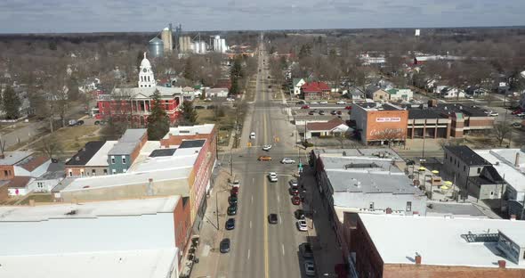 Downtown Charlotte, Michigan skyline with drone flying forward., Stock ...