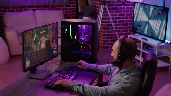 Caucasian Man Enjoying Video Game Playing Action First Person Shooter ...