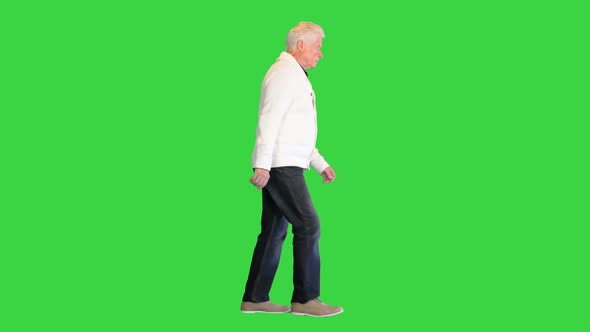 Casual Senior Old Man Walking on a Green Screen Chroma Key, Stock Footage