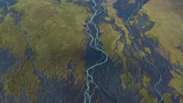 Drone Over Landscape With Dry Riverbed Of Braided River, Stock Footage