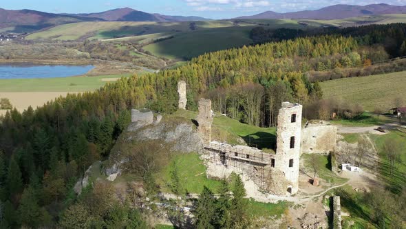 Aerial view of castle in Plavec village in Slovakia, Stock Footage