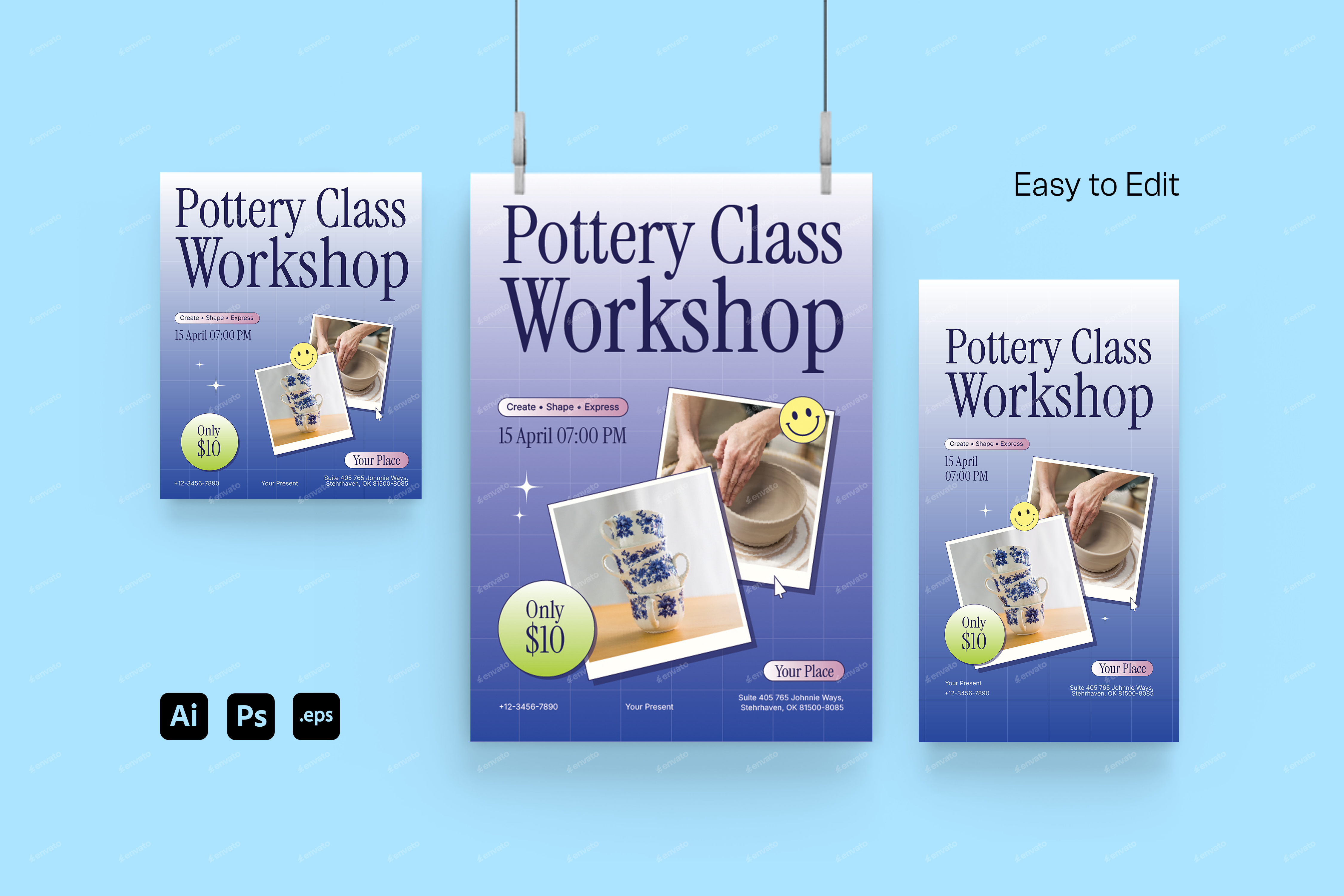 Blue White Pottery Class Workshop Flyer Set, Print Templates | GraphicRiver