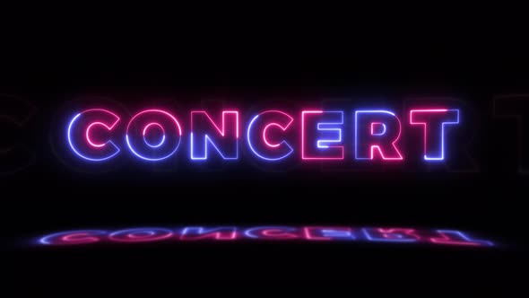 Neon glowing word 'CONCERT' on a black background with reflections on a ...