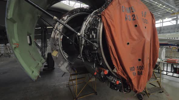 Disassembled Jet Engine in Repair Hangar, Stock Footage | VideoHive
