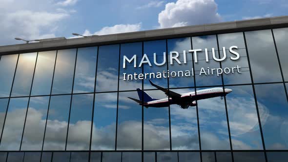 Airplane landing at Mauritius airport mirrored in terminal, Motion Graphics