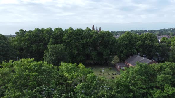 Aerial view rising above tall trees to reveal church spire and rural ...