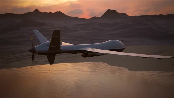 Military predator drone flying at sunset. Intelligent unmanned vehicle ...