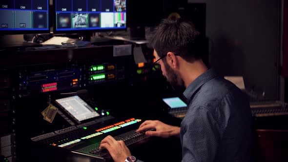 TV Channel Studio Room.Studio Director On Video Mixer Broadcast TV.TV ...