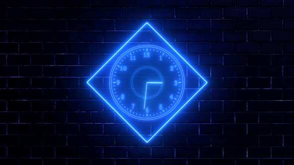 Amazing Blue Neon Light Clock Isolated On Wall Background, Motion Graphics