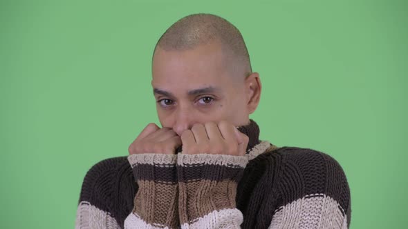 Face of Bald Multi Ethnic Man Feeling Cold Ready for Winter, Stock Footage