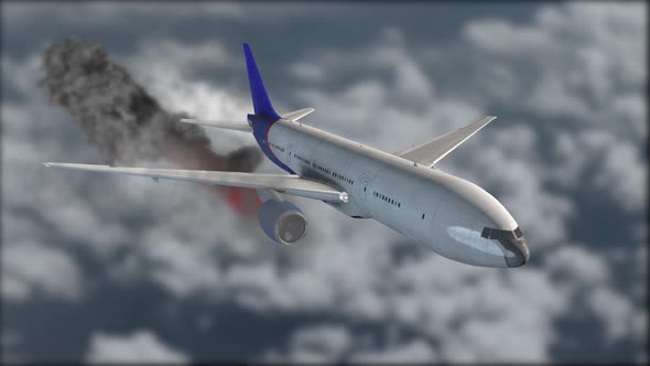 The plane is flying with a burning engine in gray clouds, Motion Graphics