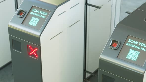 Loopable view at mobile border gates at the airport. Scan boarding pass ...