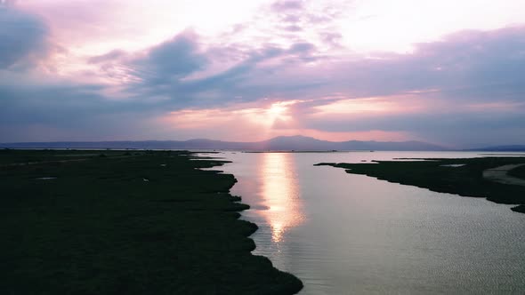 Sunrise over the wetland of delta of Axios river, Greece., Stock Footage