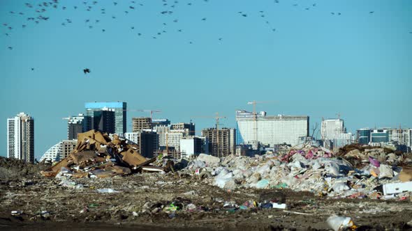 Garbage dump. Skyscrapers, construction site with crane and houses of ...
