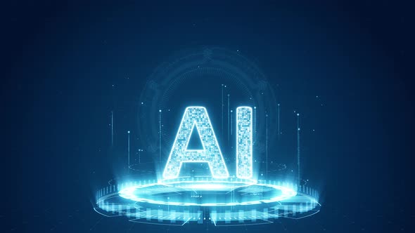 Blue digital AI logo with futuristic technology and levitation particle ...